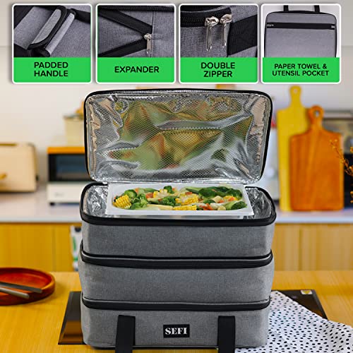 SEFI Insulated Casserole Dish Carrier 3 Decker for Hot Food or Cold Drink | Thermal Food Container with Expandable Compartment | Keep Food Warm for Travel, Picnic & Special Occasions (Gray)