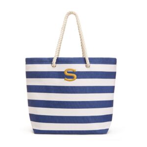 weddingstar personalized extra-large cabana stripe canvas fabric tote bag - navy