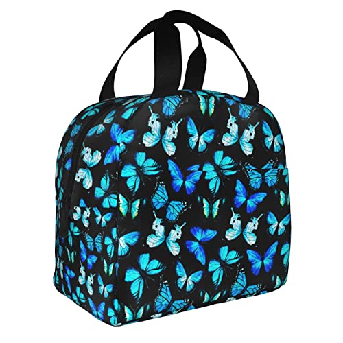 Blue Butterfly Lunch Bag Women Cute Lunch box Cooler Thermal Lunch Tote Bag Waterproof Reusable with Big Pocket for Kids Girls Work Office Picnic College