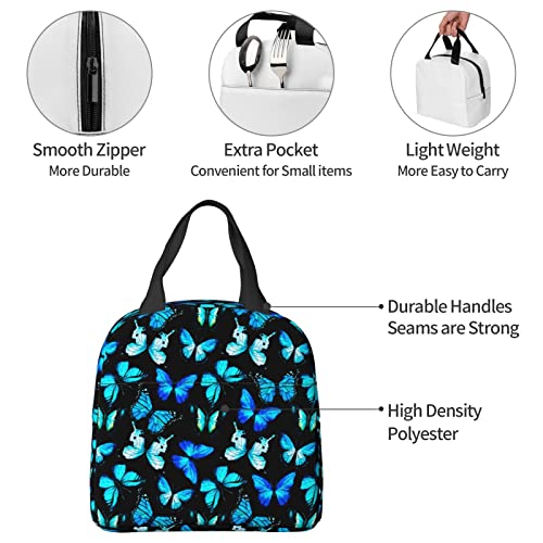 Blue Butterfly Lunch Bag Women Cute Lunch box Cooler Thermal Lunch Tote Bag Waterproof Reusable with Big Pocket for Kids Girls Work Office Picnic College