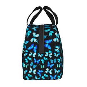 Blue Butterfly Lunch Bag Women Cute Lunch box Cooler Thermal Lunch Tote Bag Waterproof Reusable with Big Pocket for Kids Girls Work Office Picnic College