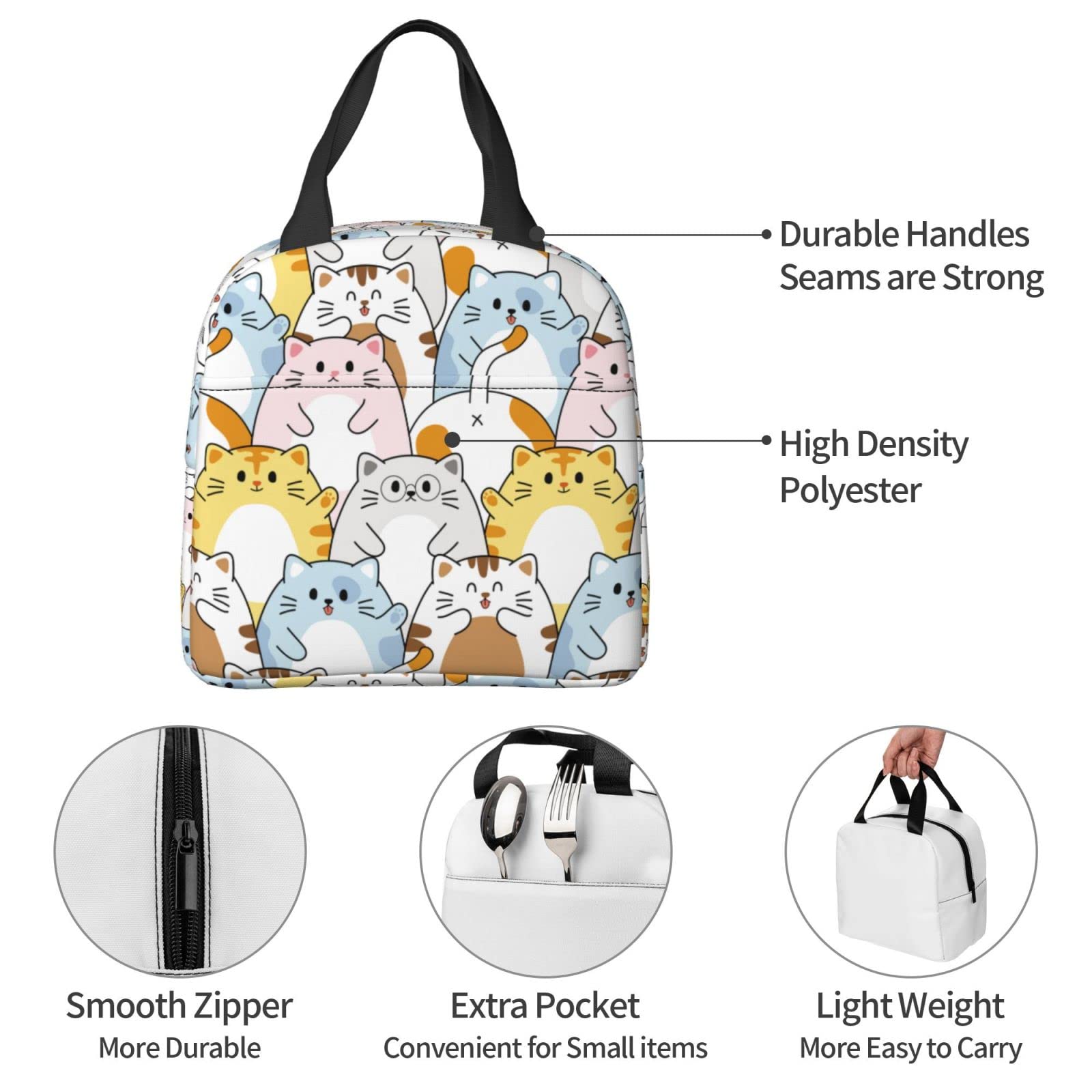 Echoserein Cute Cat Kawaii Kitten Lunch Bag Insulated Lunch Box Reusable Lunchbox Waterproof Portable Lunch Tote For Women Men Girls Boys