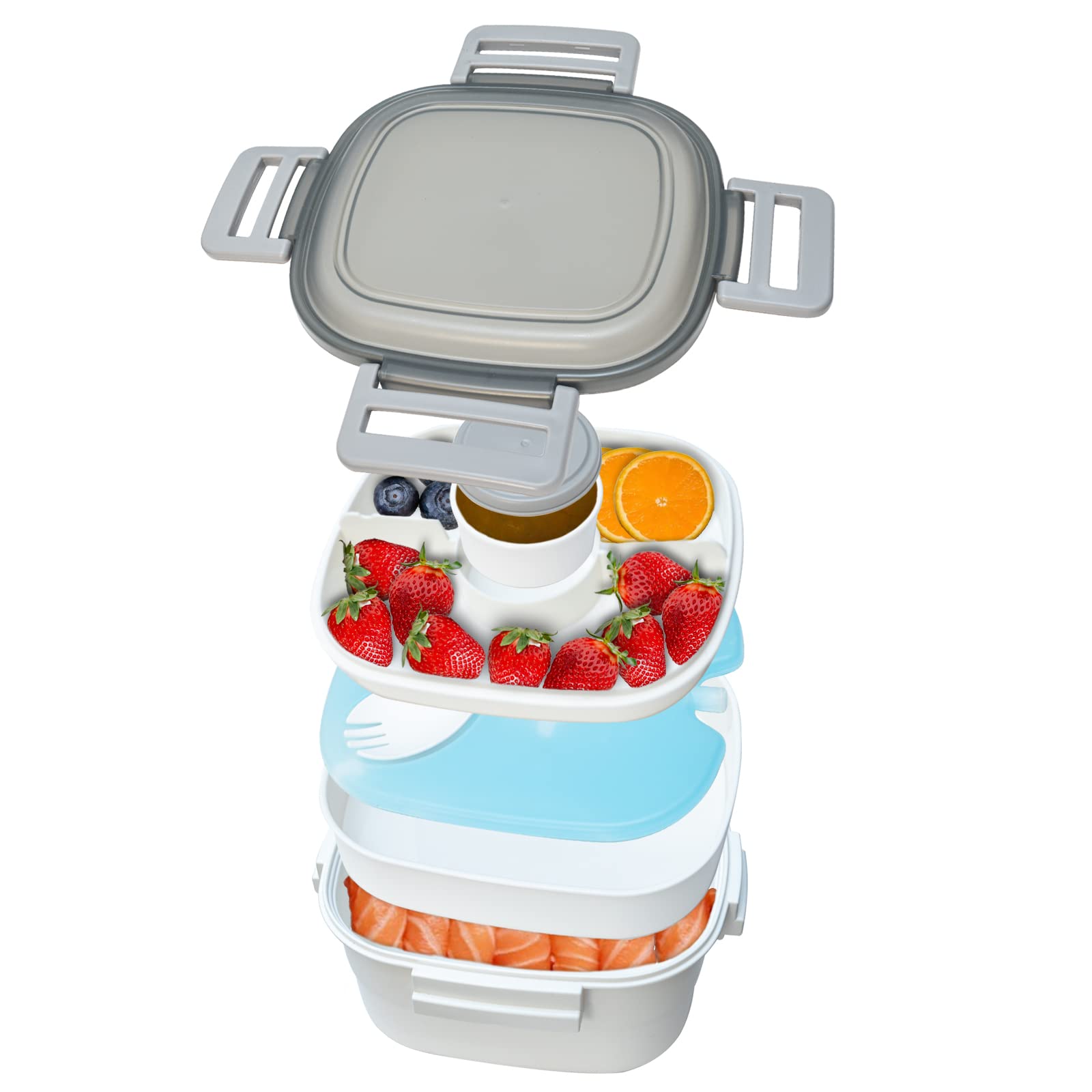 ELXXROONM Bento Box Salad Container with Ice Pack - Stackable Leak Proof Lunch Container with Inner Dressing Cup - Large Capacity with Fork for Picnic 43.96oz