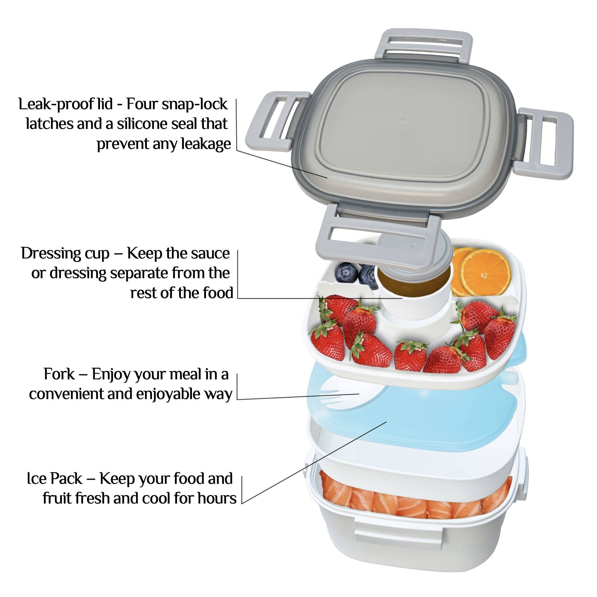 ELXXROONM Bento Box Salad Container with Ice Pack - Stackable Leak Proof Lunch Container with Inner Dressing Cup - Large Capacity with Fork for Picnic 43.96oz