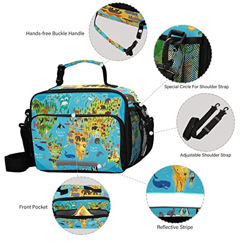 Kids Animal World Map Lunch Box Reusable Insulated School Lunch Bag Cooler Cooling Lunch Tote Bag for Boys,Girls,Travel,Picnic（2021925）