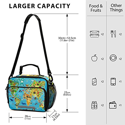 Kids Animal World Map Lunch Box Reusable Insulated School Lunch Bag Cooler Cooling Lunch Tote Bag for Boys,Girls,Travel,Picnic（2021925）