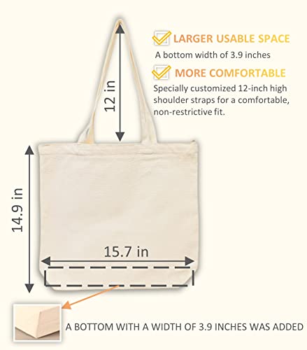 PN.HCNMTFB Canvas Tote Bag, 1 Inner Pockets, with Zipper, Stylish and Durable, Lightweight, Natural Cotton Grocery Shopping Cloth Bag, Perfect for Gifts, Work, School, Travel, Off-White