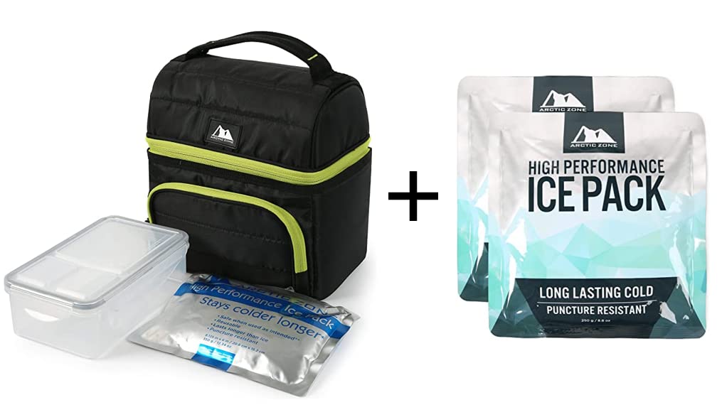 Arctic Zone High Performance Ultimate Secret Insulated Lunch Box Bucket Bag with Leak Proof Food Container and 350g Ice Pack - Black High Performance Ice Pack for Lunch Boxes, Set of 2