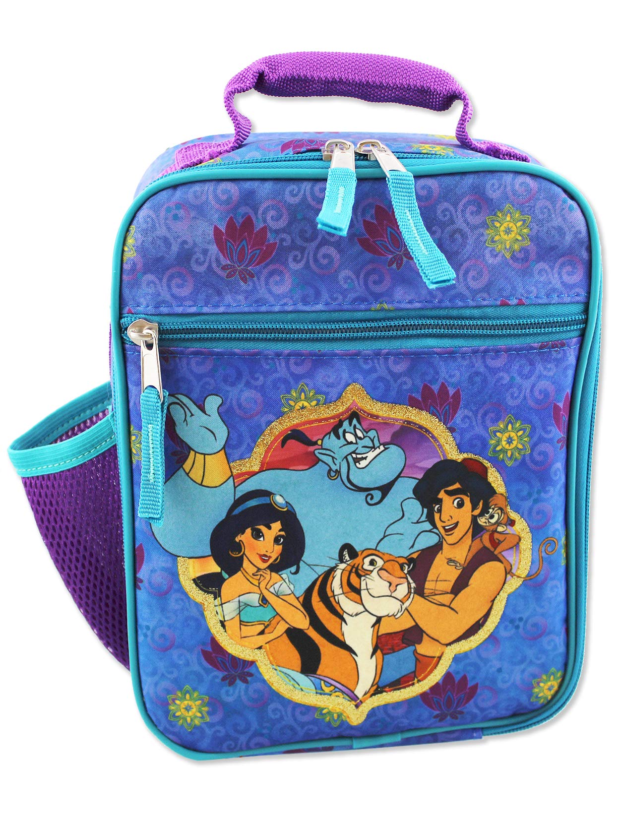 Disney Aladdin Princess Jasmine Girls Boys Soft Insulated School Lunch Box (One Size, Purple/Blue)