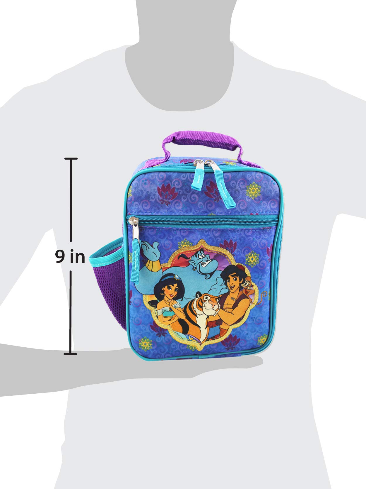 Disney Aladdin Princess Jasmine Girls Boys Soft Insulated School Lunch Box (One Size, Purple/Blue)