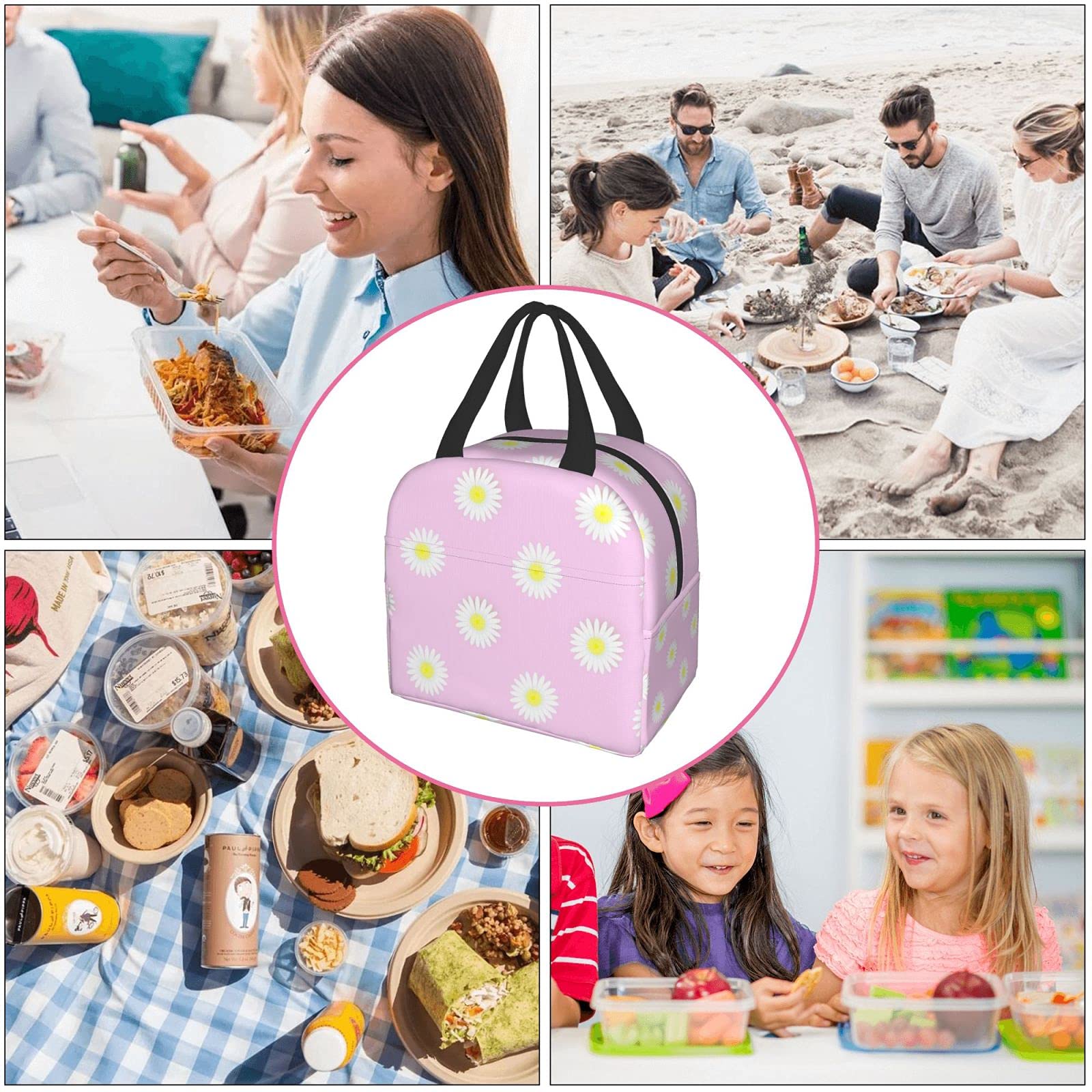 Ucsaxue Daisy Pink Flower Lunch Bag Travel Box Work Bento Cooler Reusable Tote Picnic Boxes Insulated Container Shopping Bags For Adult Women Men