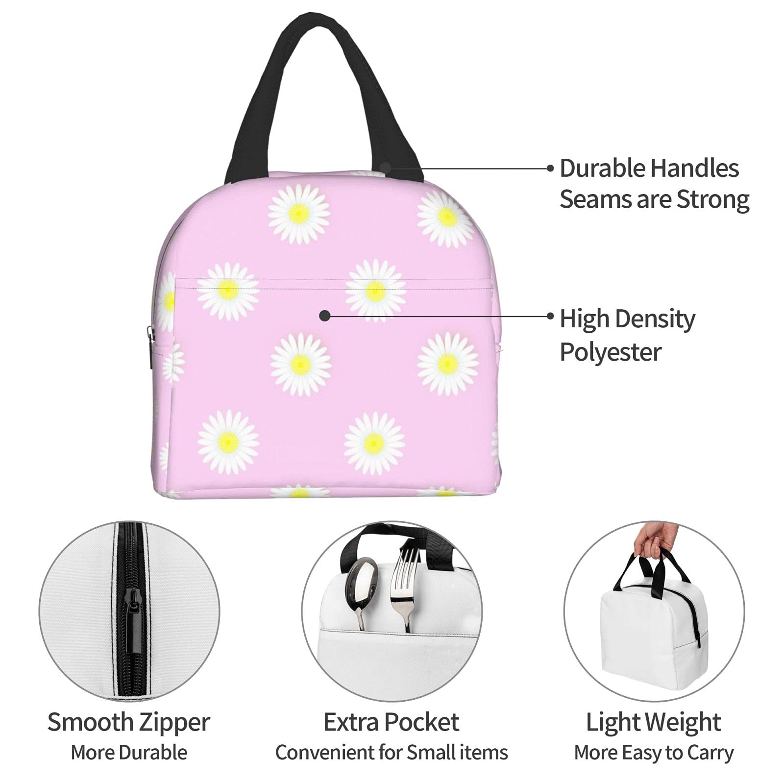 Ucsaxue Daisy Pink Flower Lunch Bag Travel Box Work Bento Cooler Reusable Tote Picnic Boxes Insulated Container Shopping Bags For Adult Women Men