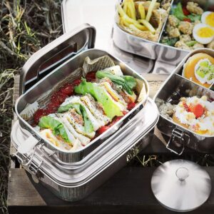 Tinaforld 1400ML Stainless Steel bento lunch box, Snacks Salad Food Container with Lock Clips, for Men Women or Adults,Eco-Friendly Dishwasher Safe, Stainless Lid Leak-Proof (Without Divider 1400ML)