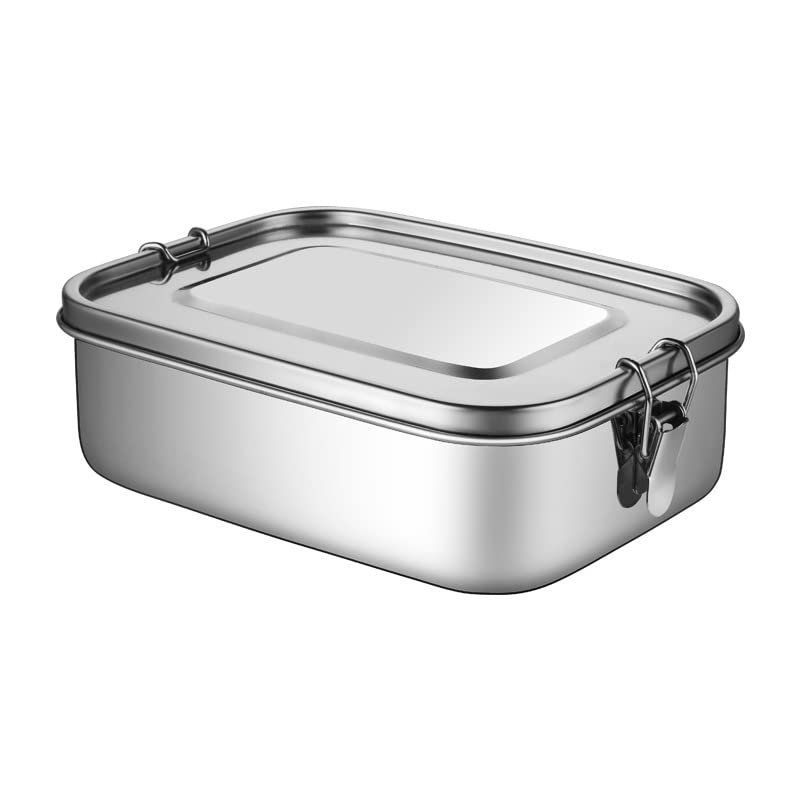 Tinaforld 1400ML Stainless Steel bento lunch box, Snacks Salad Food Container with Lock Clips, for Men Women or Adults,Eco-Friendly Dishwasher Safe, Stainless Lid Leak-Proof (Without Divider 1400ML)