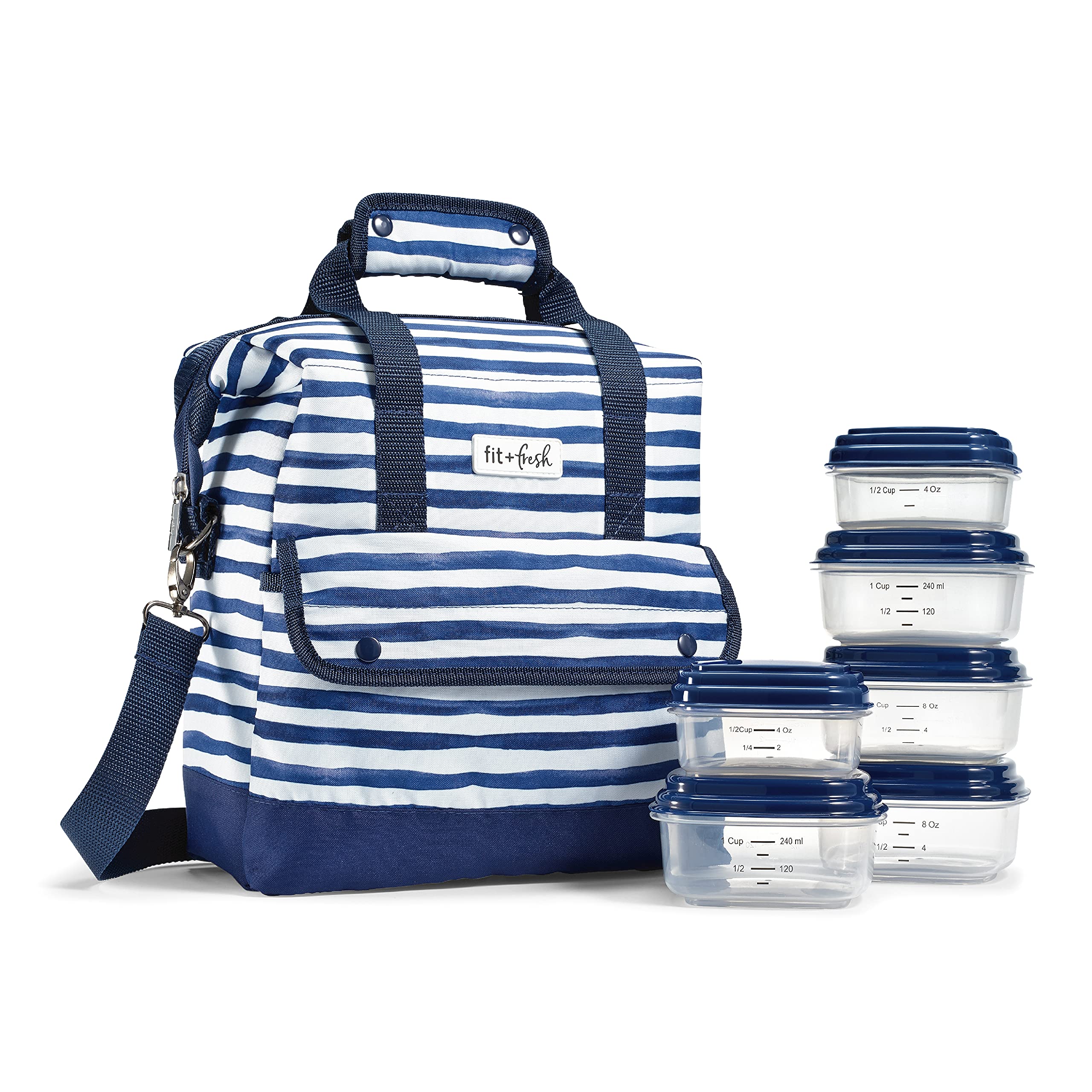 Fit & Fresh Douglas Adult Insulated Lunch Bag with Front Pouch & Carry Strap, Complete Lunch Kit Includes 6 Containers, Navy, Large