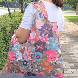 Fineget Foldable Large Shopping Grocery Tote Bag Portable Reusable Waterproof Utility GYM Yoga Bag for Women Travelling Camping Beach Picnic Laundry Duffel Top Handle Bag Begonia Flowers Pattern