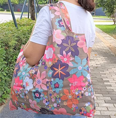 Fineget Foldable Large Shopping Grocery Tote Bag Portable Reusable Waterproof Utility GYM Yoga Bag for Women Travelling Camping Beach Picnic Laundry Duffel Top Handle Bag Begonia Flowers Pattern