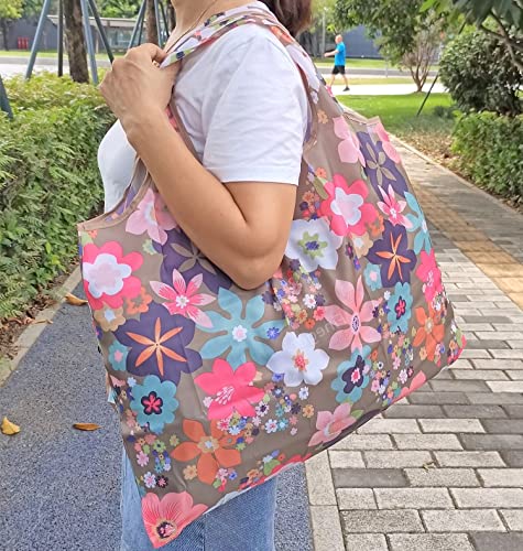 Fineget Foldable Large Shopping Grocery Tote Bag Portable Reusable Waterproof Utility GYM Yoga Bag for Women Travelling Camping Beach Picnic Laundry Duffel Top Handle Bag Begonia Flowers Pattern