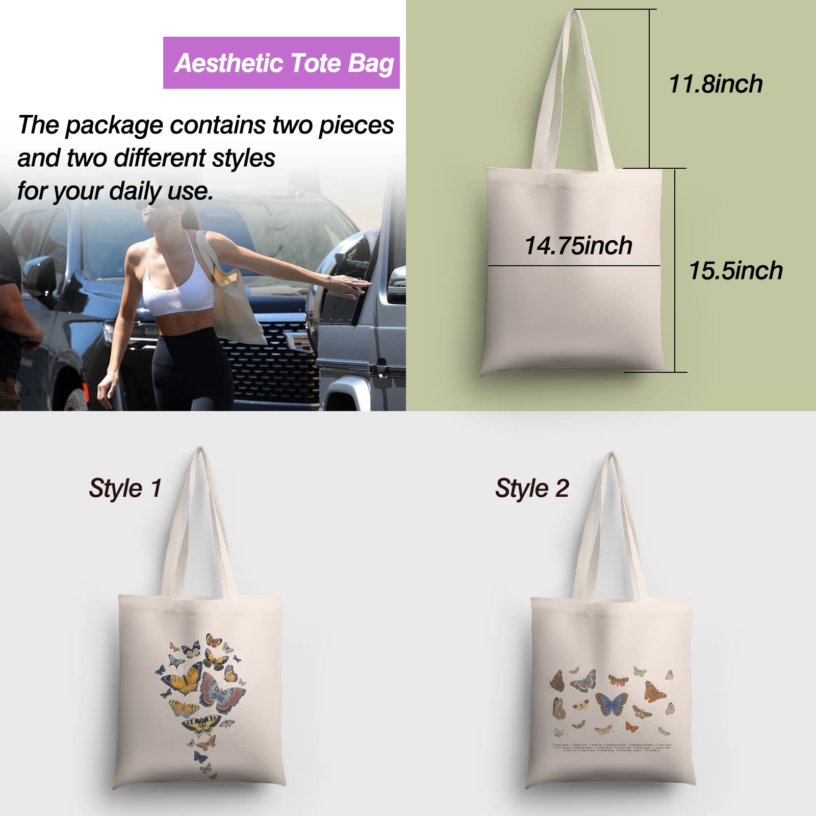 JOYMIN Aesthetic Canvas Tote Bag with Inner Zipper Pocket Reusable Grocery Bags Colorful Butterflies Printed Tote Bags Personalized Birthday Gifts for Women