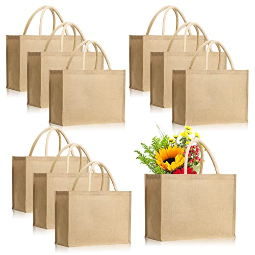 10 Pack Jute Bag Large Burlap Tote Bag Jute Tote Bags with Handles 15.3x 12.2x 5.9inch Jute Gift Tote Beach Bag for Bridesmaid Wedding Shopping Grocery Travel Mother's Day Teacher DIY