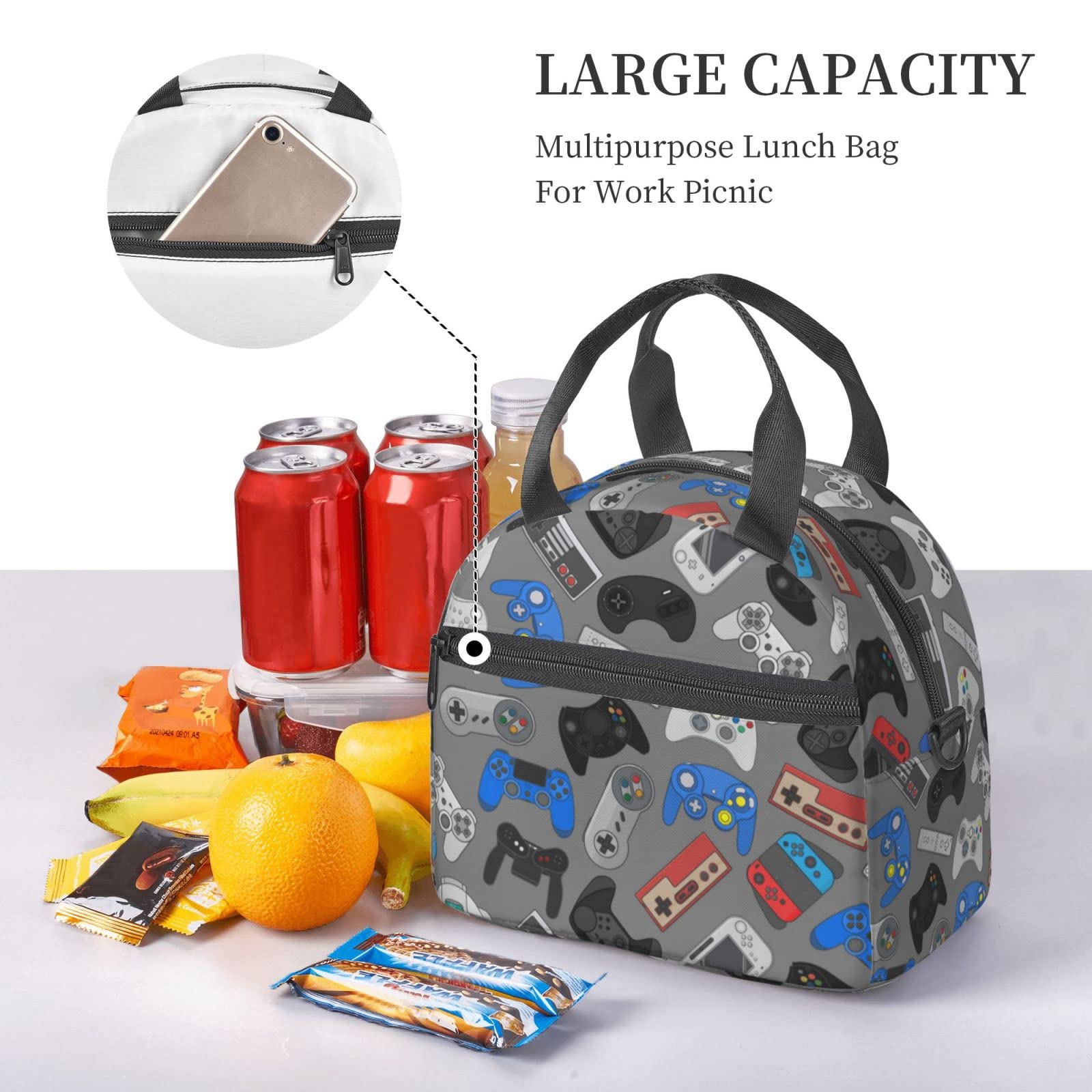 Colorful Video Game Controller Background Lunch Bag Reusable Insulated Lunch Tote Bag Lunchbox Container With Adjustable Shoulder Strap For Office Work School Picnic Travel