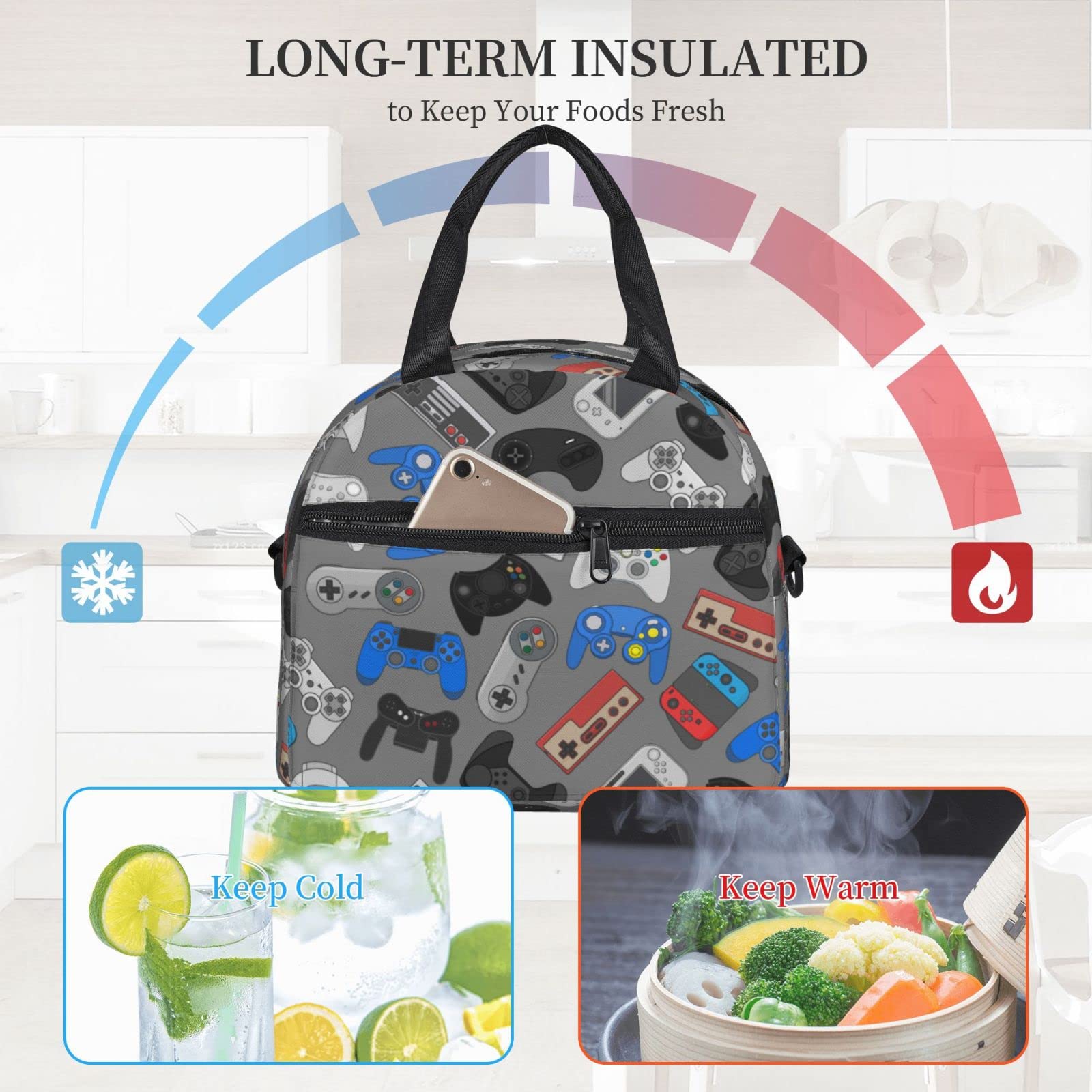 Colorful Video Game Controller Background Lunch Bag Reusable Insulated Lunch Tote Bag Lunchbox Container With Adjustable Shoulder Strap For Office Work School Picnic Travel