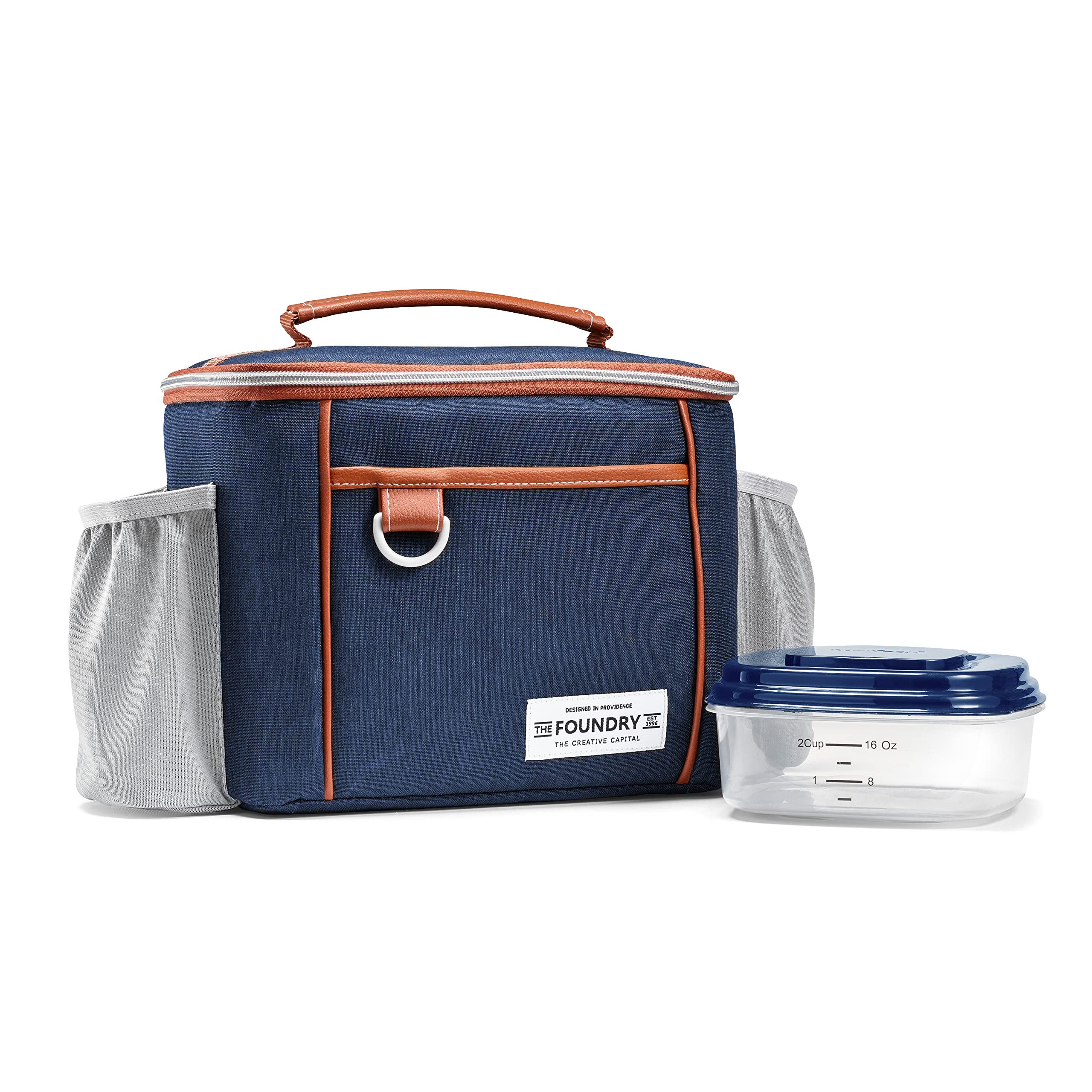 Fit & Fresh Foundry, Promenade Adult Insulated Lunch Bag with Side Pouches, Complete Lunch Kit Includes Matching Container, Navy