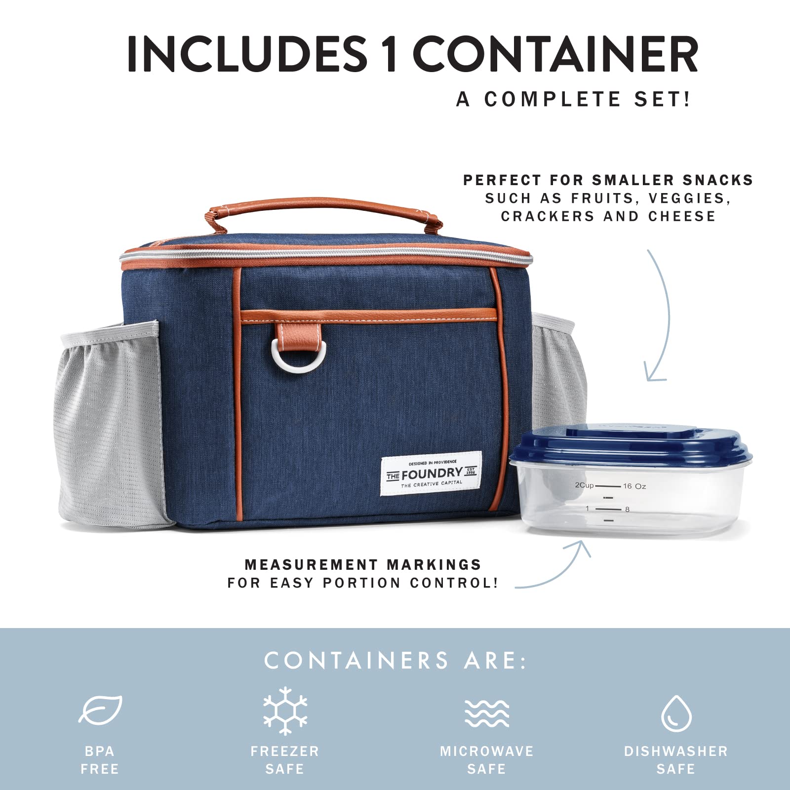 Fit & Fresh Foundry, Promenade Adult Insulated Lunch Bag with Side Pouches, Complete Lunch Kit Includes Matching Container, Navy