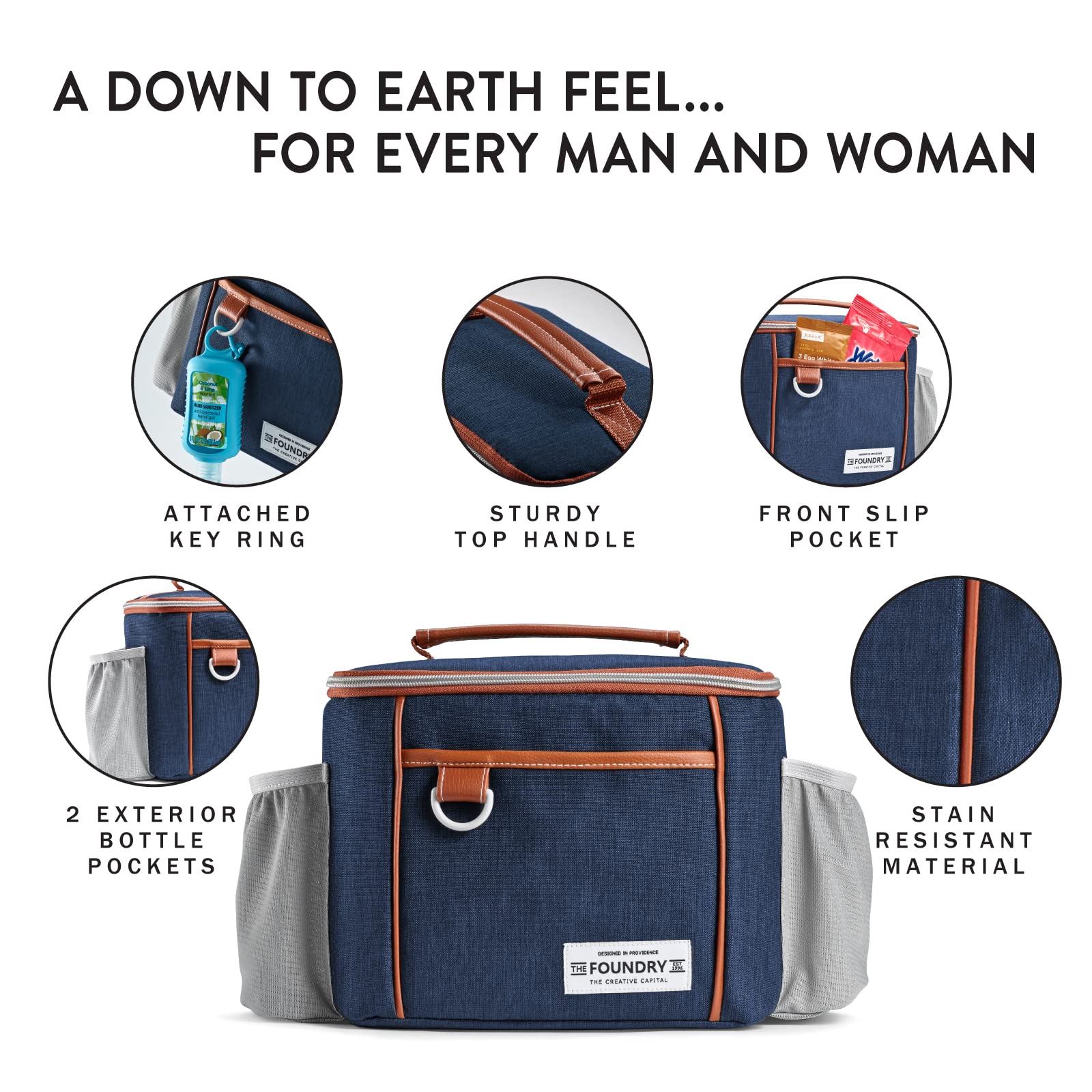 Fit & Fresh Foundry, Promenade Adult Insulated Lunch Bag with Side Pouches, Complete Lunch Kit Includes Matching Container, Navy