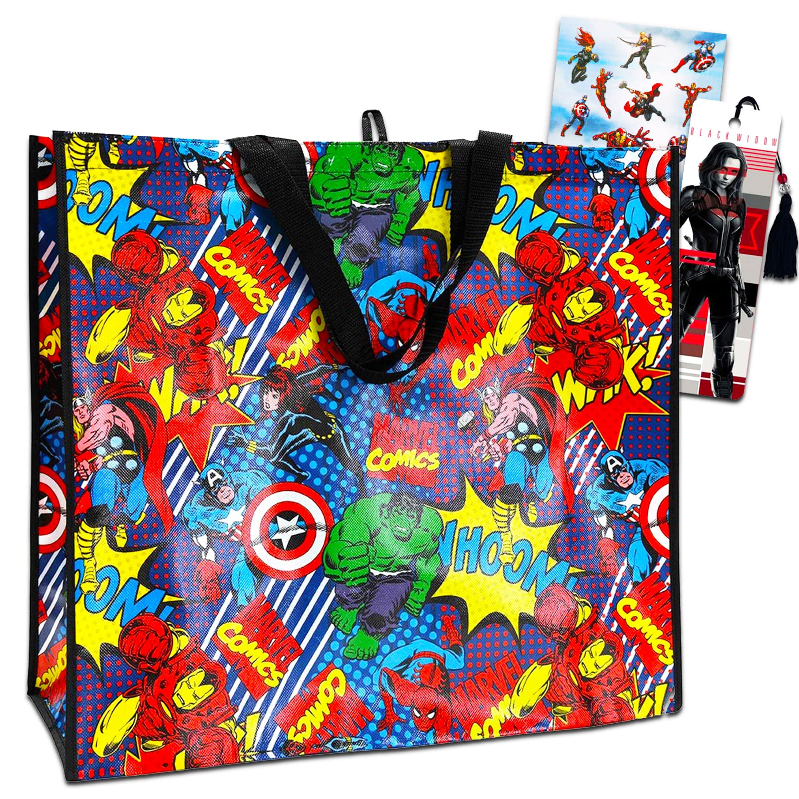 Avengers Tote Bag for Boys Set - Bundle with Extra Large Avengers Reusable Tote Bag Plus Avengers Stickers and Bookmark | Marvel Tote Bag for Kids