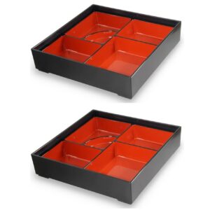 JapanBargain 4591, Red and Black Japanese Traditional Plastic Lacquered Lunch Bento Box 5 Compartments for Restaurant or Home Tray and Plate 2pc Set, Made in Japan, 9.5", Pack of 2