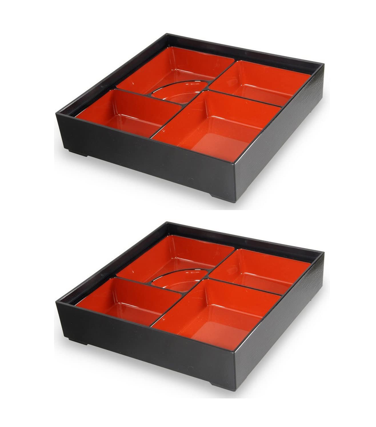 JapanBargain 4591, Red and Black Japanese Traditional Plastic Lacquered Lunch Bento Box 5 Compartments for Restaurant or Home Tray and Plate 2pc Set, Made in Japan, 9.5", Pack of 2