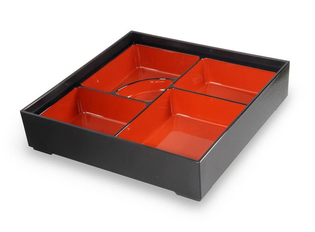 JapanBargain 4591, Red and Black Japanese Traditional Plastic Lacquered Lunch Bento Box 5 Compartments for Restaurant or Home Tray and Plate 2pc Set, Made in Japan, 9.5", Pack of 2