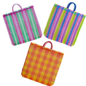 la sol imports large mercado mexican bags tote reusable colorful durable mesh grocery bag 20 x 22 in plus 5 in handle (3 piece 20 in)