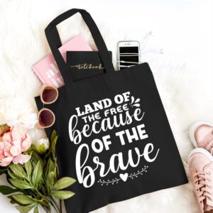 TSIIUO Women's Land of The Free Because of The Brave Canvas Tote Bag Independence Day Patriotic Reusable Shopping Bag Black