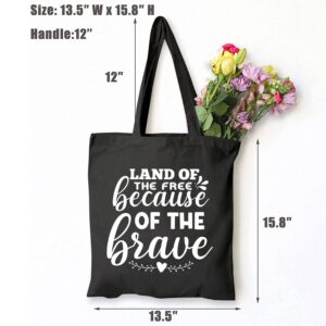 TSIIUO Women's Land of The Free Because of The Brave Canvas Tote Bag Independence Day Patriotic Reusable Shopping Bag Black