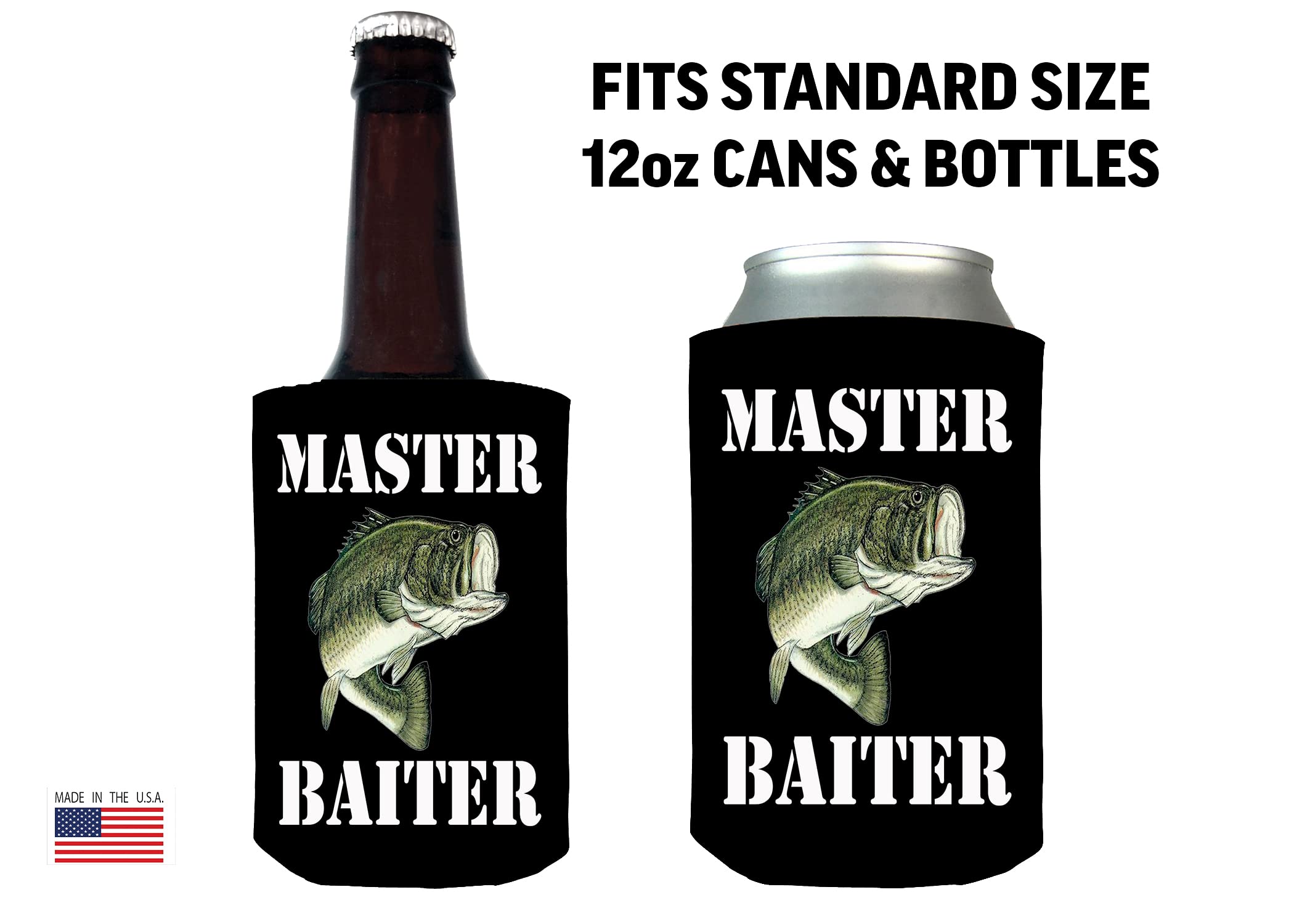 Funny Fishing Master Baiter Joke Collapsible Beer Can Bottle Beverage Cooler Sleeves 2 Pack