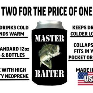 Funny Fishing Master Baiter Joke Collapsible Beer Can Bottle Beverage Cooler Sleeves 2 Pack