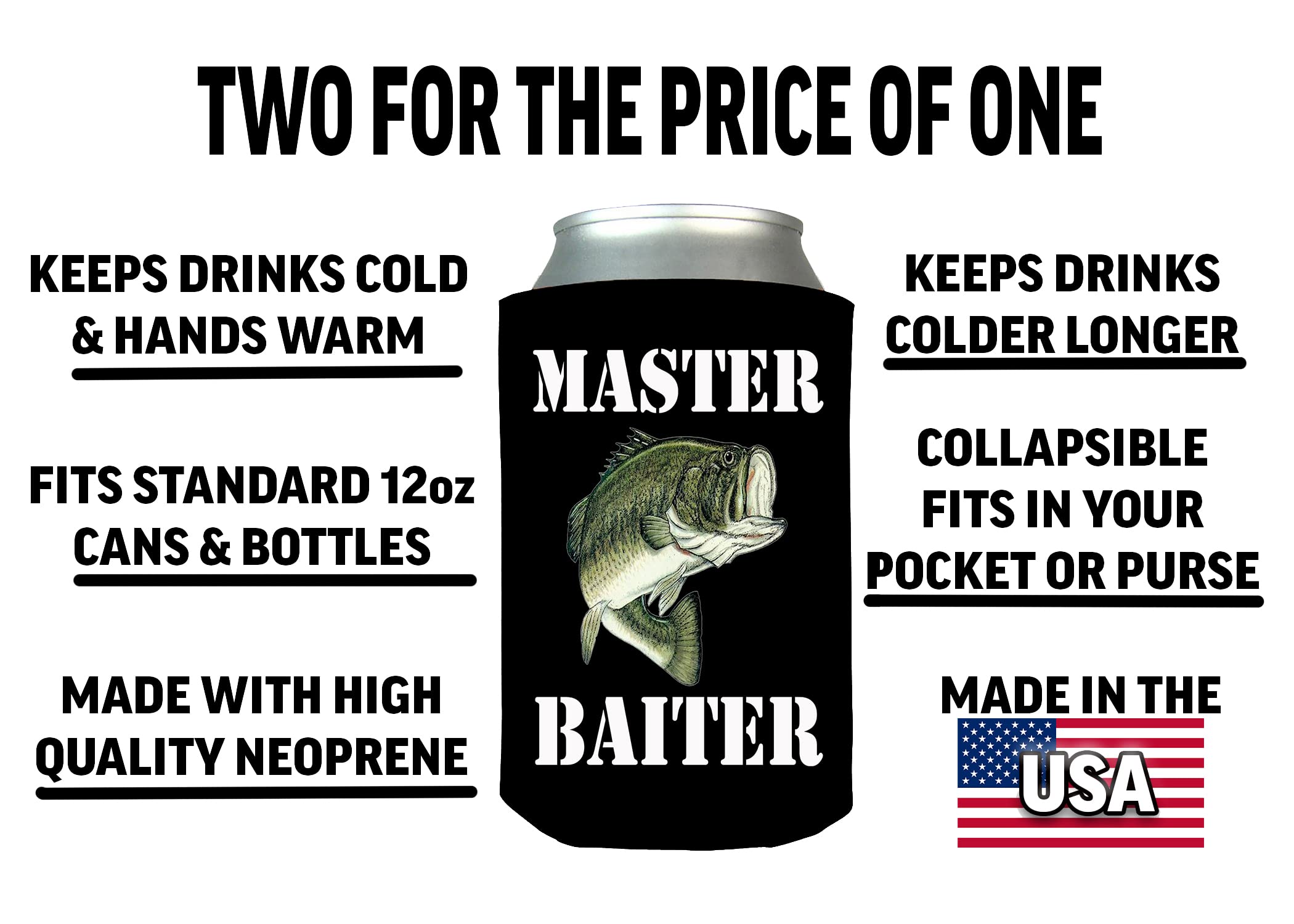 Funny Fishing Master Baiter Joke Collapsible Beer Can Bottle Beverage Cooler Sleeves 2 Pack