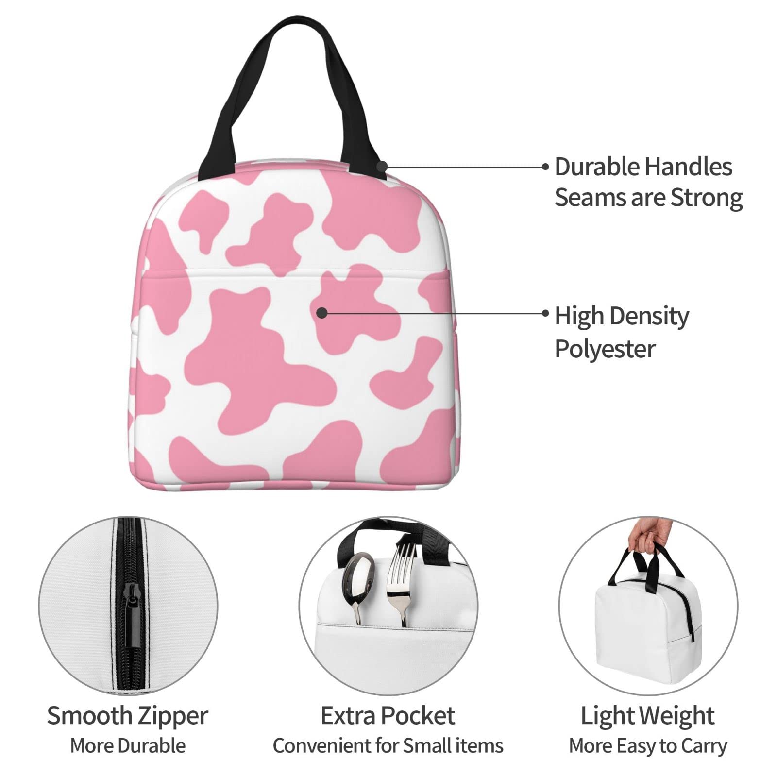 DADABULIU Lunch Bag Pink Cow Print Insulated Lunch Box Cooler Tote for Adults Kid Girl Women Work Office School Picnic Beach Reusable Lunchbox Over 3 Years Old