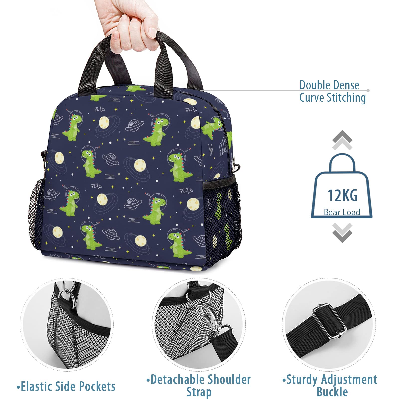 Tuporkam Insulated Lunch Bag for Boys Girls, Dark Blue with Dinosaur, Unisex, Polyester, 10 x 6.5 x 8.9 in