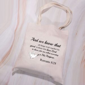 VAMSII Romans 8: 28 Tote Bag Christian Shoulder Bag Bible Verse Gift Bags Scripture Canvas Tote Bag Religious Christian Gifts (Tote Bag)