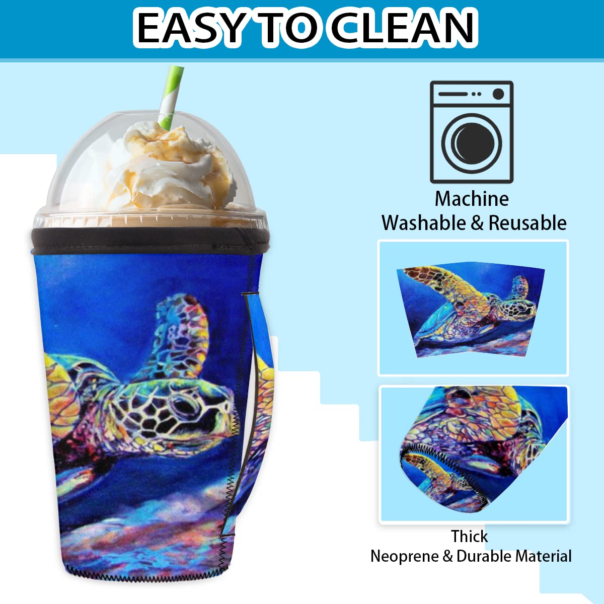 Reusable Iced Coffee Cup Sleeve Sea Turtle Ocean Neoprene Insulated Sleeves Cup Holder with Handle Tumbler Sleeve Insulator Sleeves for Cold Hot Drinks Beverages 32oz