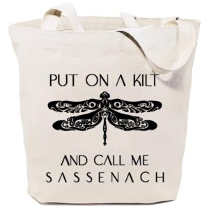 GXVUIS Dragonfly Canvas Tote Bag for Women Put on a Kilt and Call Me Sassenach Reusable Grocery Shopping Bag Outlander Gift White