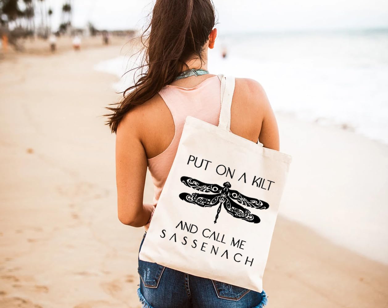 GXVUIS Dragonfly Canvas Tote Bag for Women Put on a Kilt and Call Me Sassenach Reusable Grocery Shopping Bag Outlander Gift White