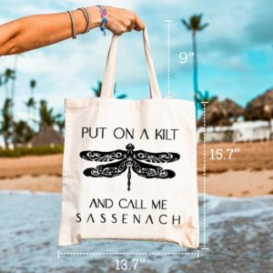 GXVUIS Dragonfly Canvas Tote Bag for Women Put on a Kilt and Call Me Sassenach Reusable Grocery Shopping Bag Outlander Gift White