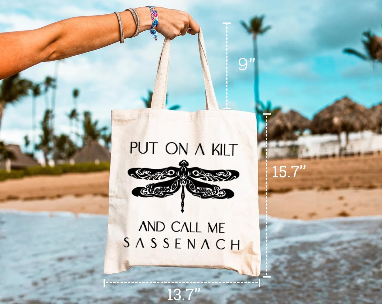 GXVUIS Dragonfly Canvas Tote Bag for Women Put on a Kilt and Call Me Sassenach Reusable Grocery Shopping Bag Outlander Gift White