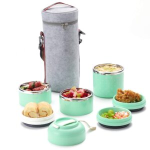 WORTHBUY Stackable Bento Lunch Box Thermal Containers for Hot Food Stainless Steel Leakproof Food Storage Containers with Insulated Lunch Bag for Adult and Office (Green, 3-Layer)