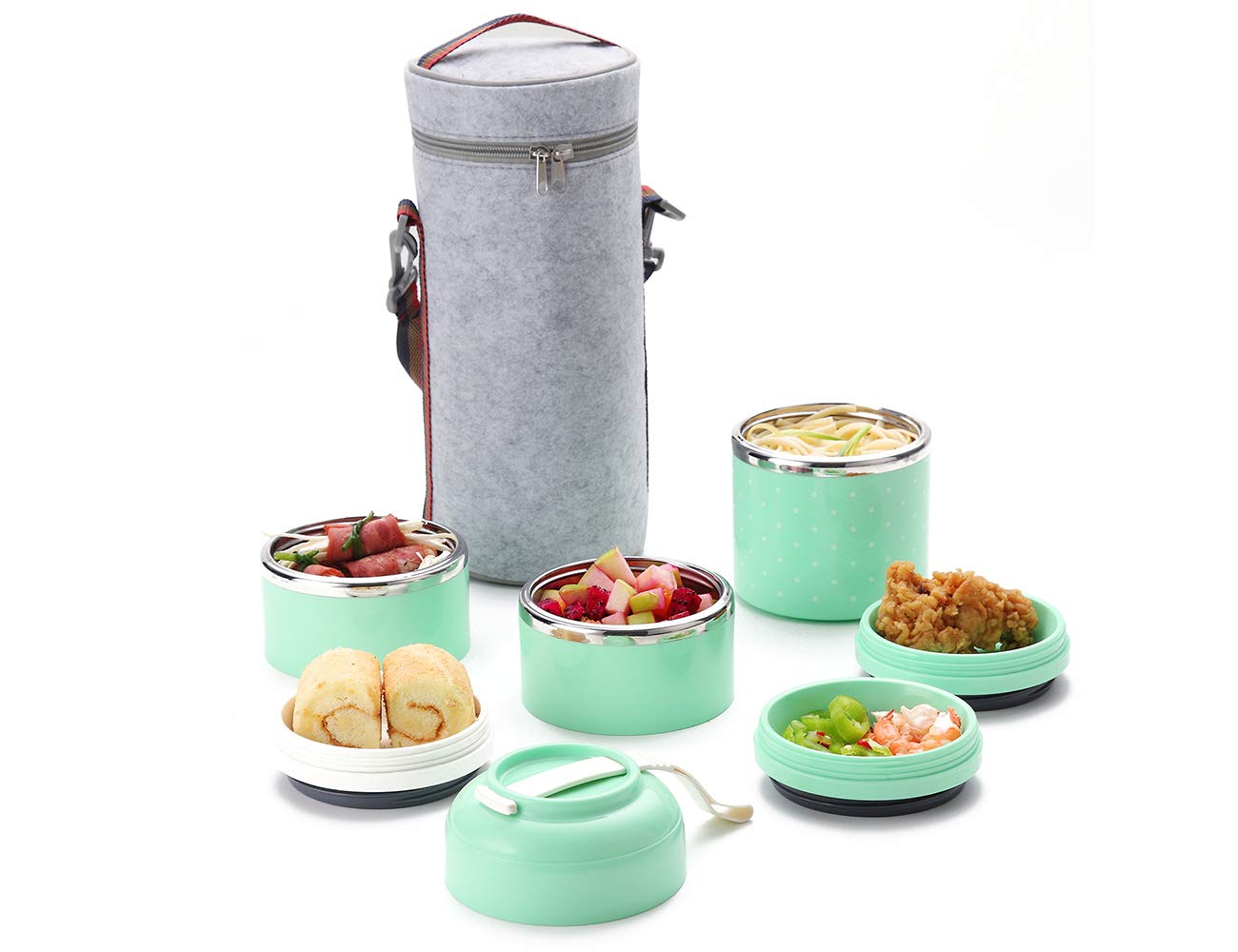 WORTHBUY Stackable Bento Lunch Box Thermal Containers for Hot Food Stainless Steel Leakproof Food Storage Containers with Insulated Lunch Bag for Adult and Office (Green, 3-Layer)