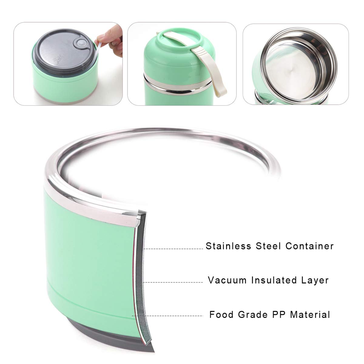 WORTHBUY Stackable Bento Lunch Box Thermal Containers for Hot Food Stainless Steel Leakproof Food Storage Containers with Insulated Lunch Bag for Adult and Office (Green, 3-Layer)